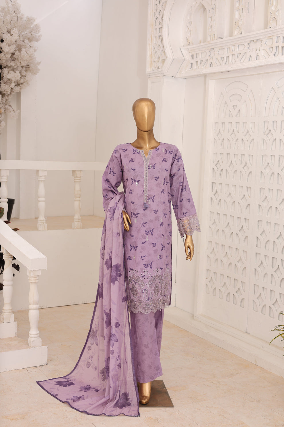 03 Pc Lilac Printed Laser Embroidered Lawn Suit with Dupatta & Printed ...